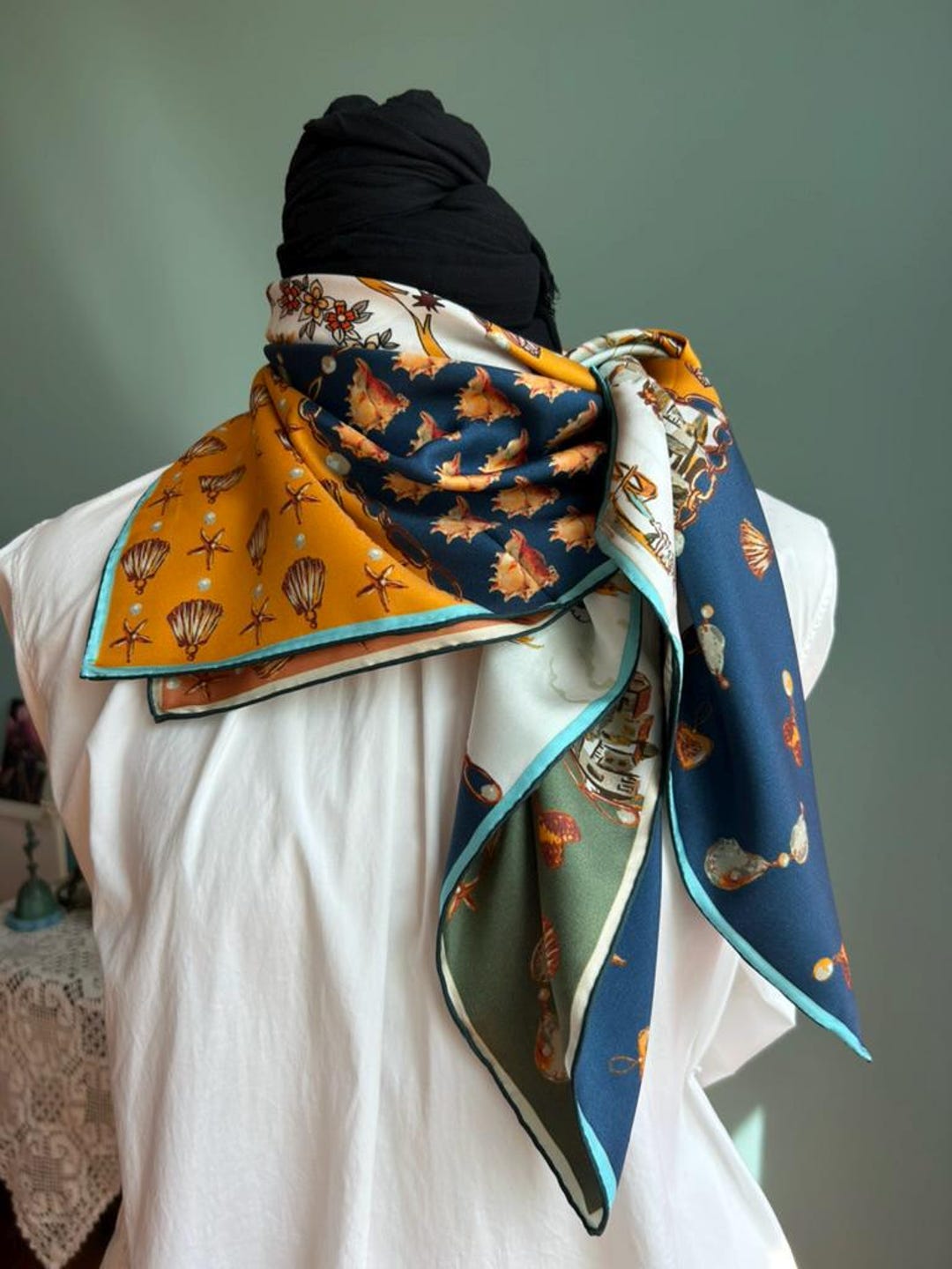 Double-sided Mulberry Silk Scarf: Vintage Coastal Patchwork, Nautical ...
