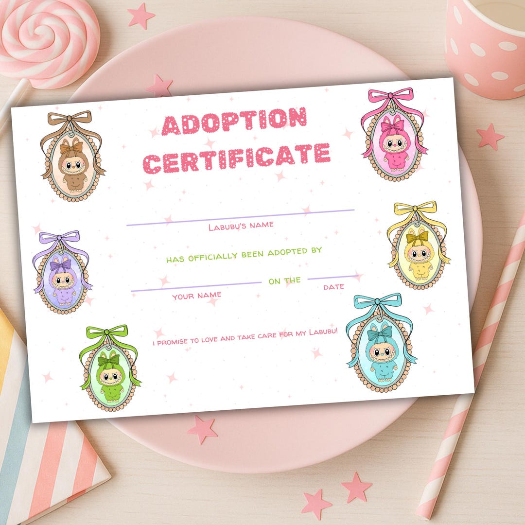 Labubu Adoption Certificate & Sign Set: Kawaii Monster Birthday ...