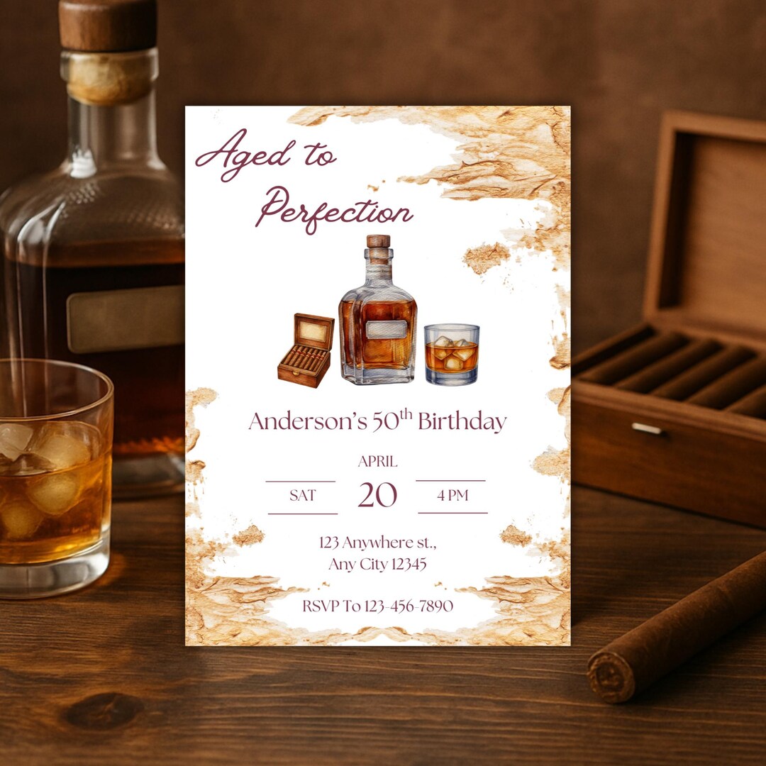 Whiskey Birthday Invitation, Aged to Perfection, Cigar Bourbon Party ...