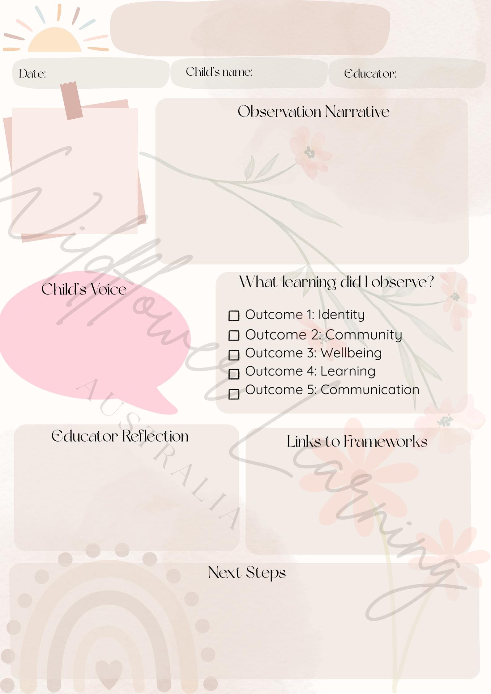 Printable Learning Story Template PDF | Boho Style | Early Childhood ...