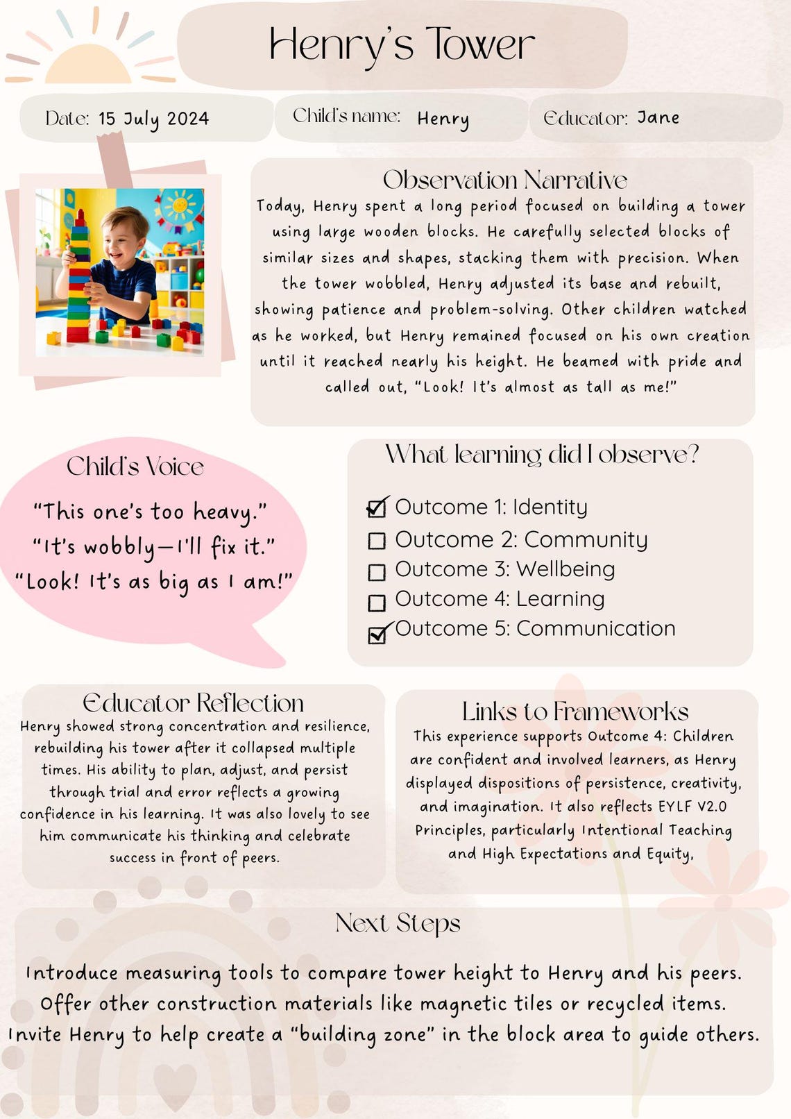 Printable Learning Story Template PDF | Boho Style | Early Childhood ...