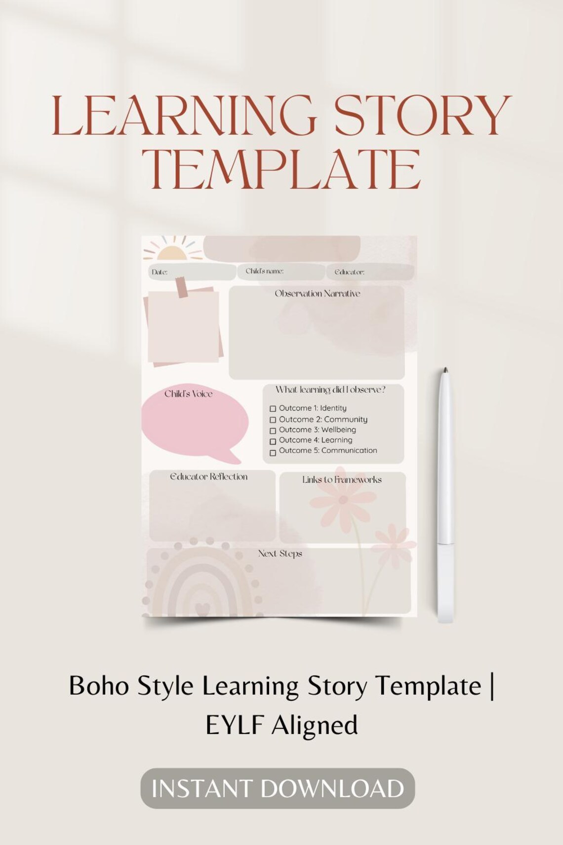 Printable Learning Story Template PDF | Boho Style | Early Childhood ...