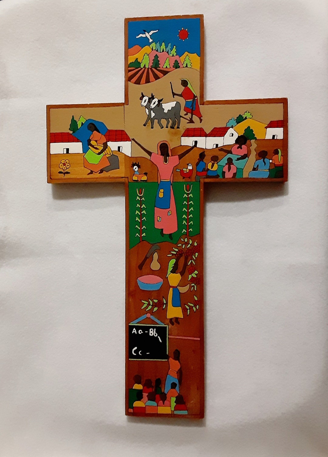 Large Vintage Painted Wooden Cross, Colorful Folk Art Scenes, Heirloom ...
