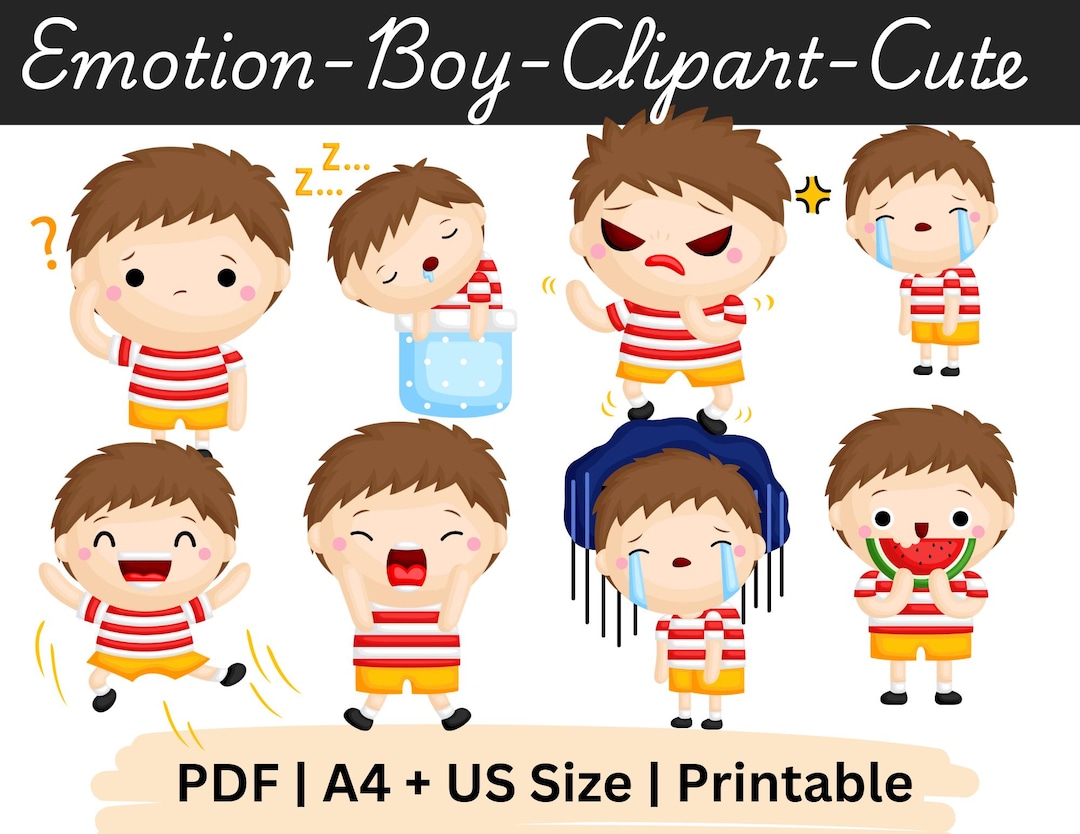 Emotion Boy Clipart Cute | Kawaii Feelings PNG | Kids Emotions Faces ...