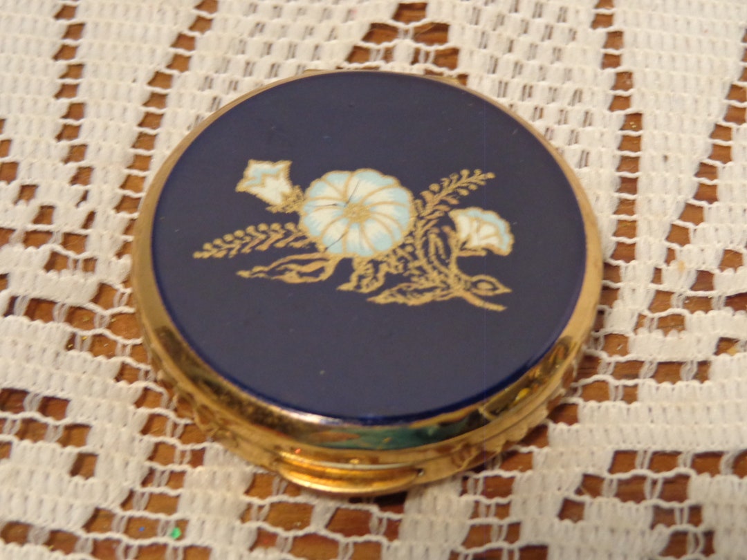 Vintage Stratton Blue and Gold Floral Powder Compact or Pill Box 23-055 ...