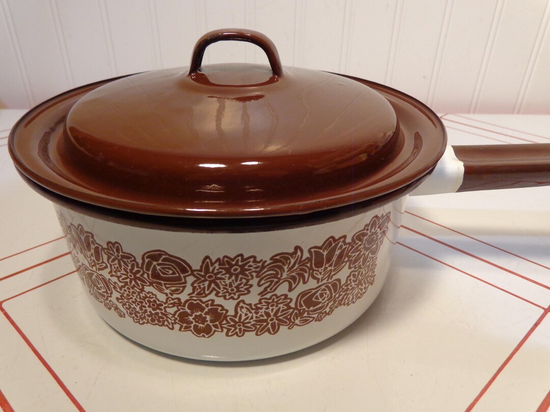 Enamel Floral Saucepan - Danish Brown and White Enamel Pan With Lid- 14 ...
