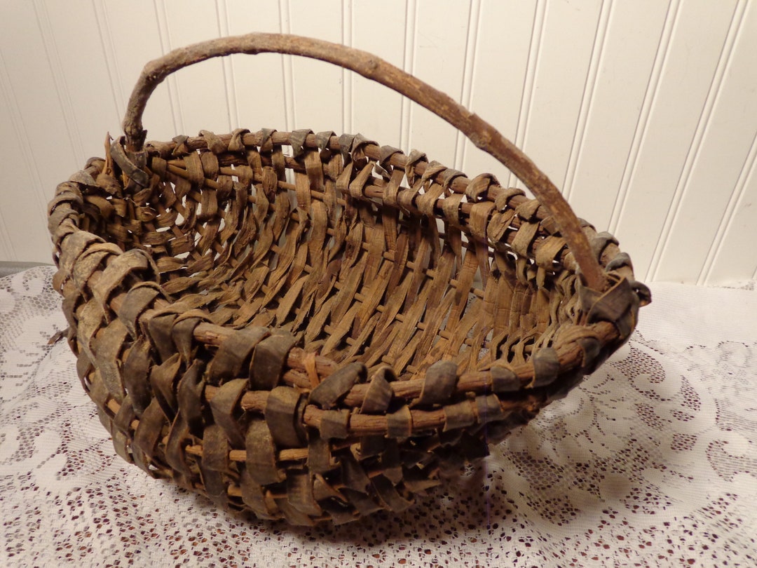 Primative Woven Twig Basket With Handle - Woven Gathering Basket With ...