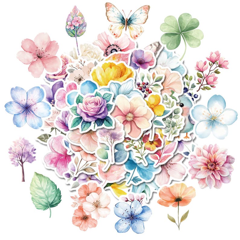 50 Pcs Watercolor Flower Sticker Pack Floral Decal for Laptop, Water ...
