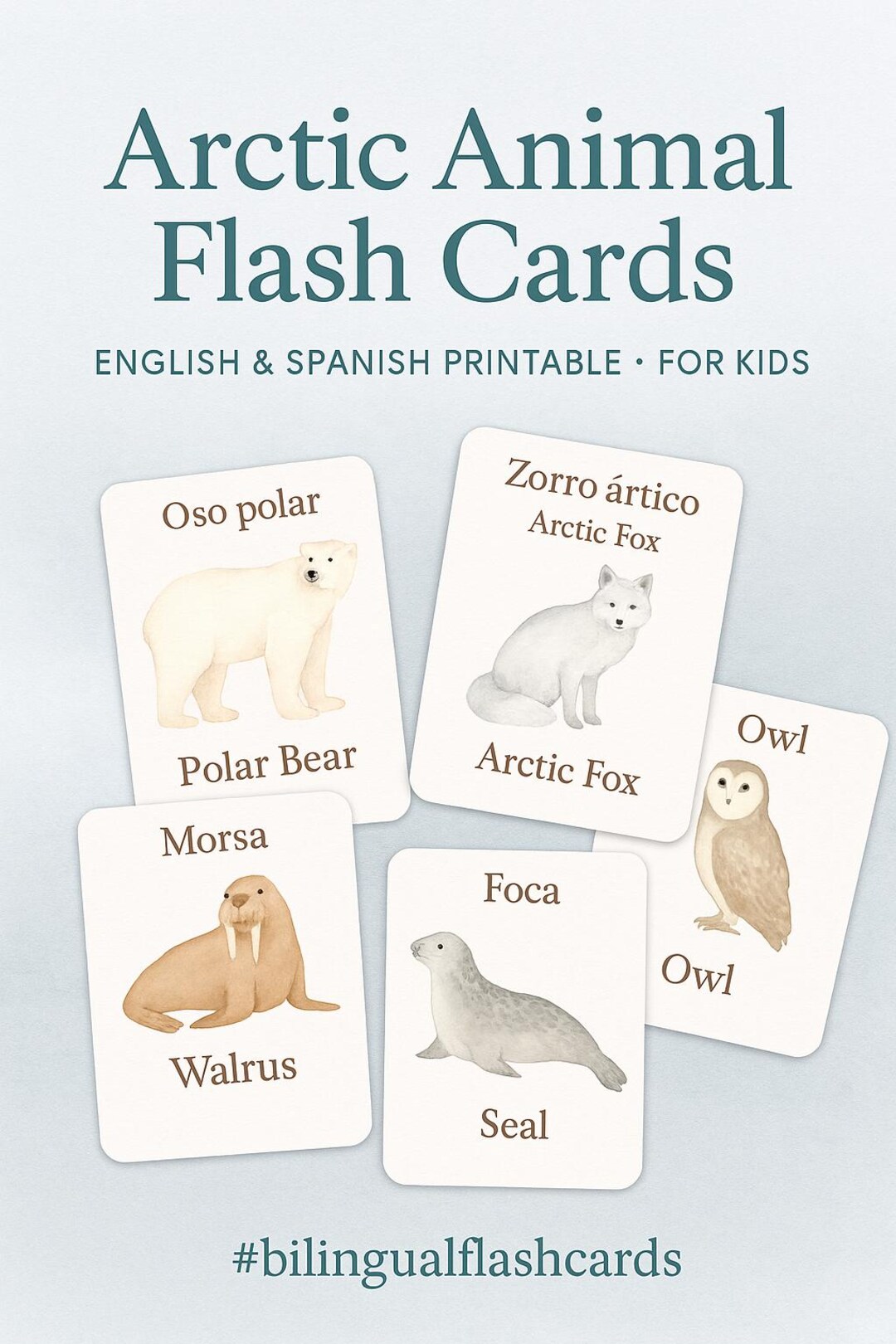 Arctic Animal Flashcards Bilingual English Spanish Printable Montessori ...