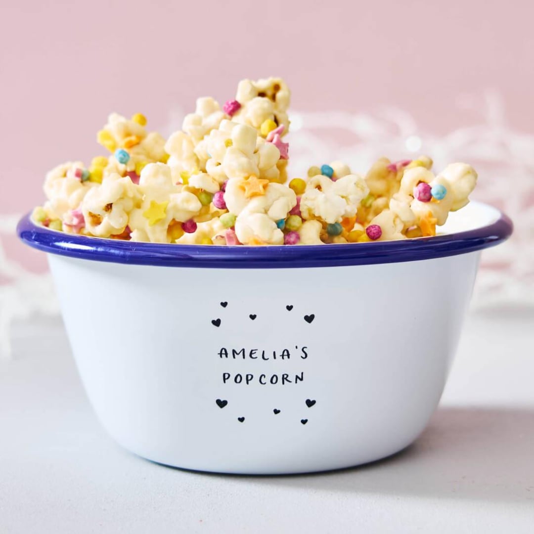 Little Hearts Personalised Popcorn Bowl | Custom Engraved Enamel Bowl ...