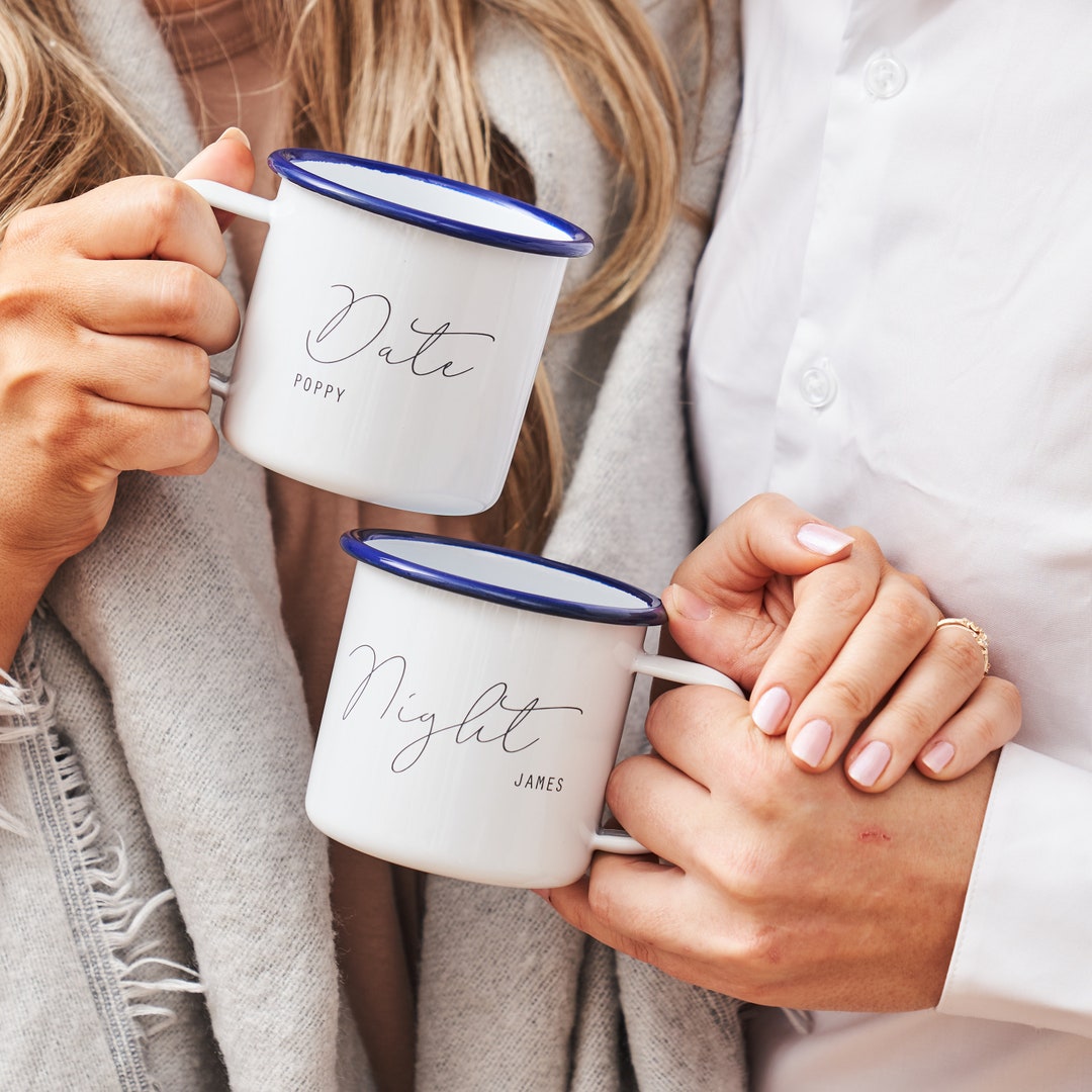 Personalized Enamel Date Night Mugs | Anniversary Gift, Couples Set - Etsy