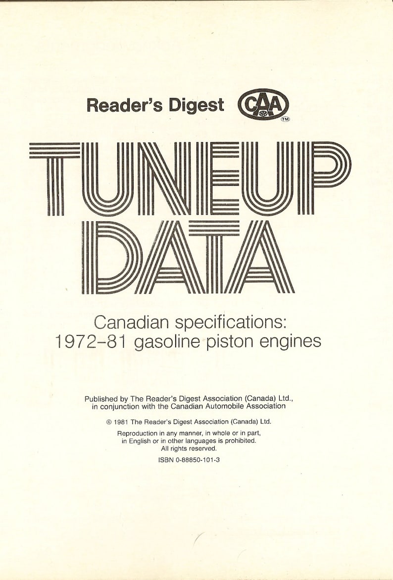 1972-81 Reader's Digest Automotive Tune-up Data Supplement - Etsy
