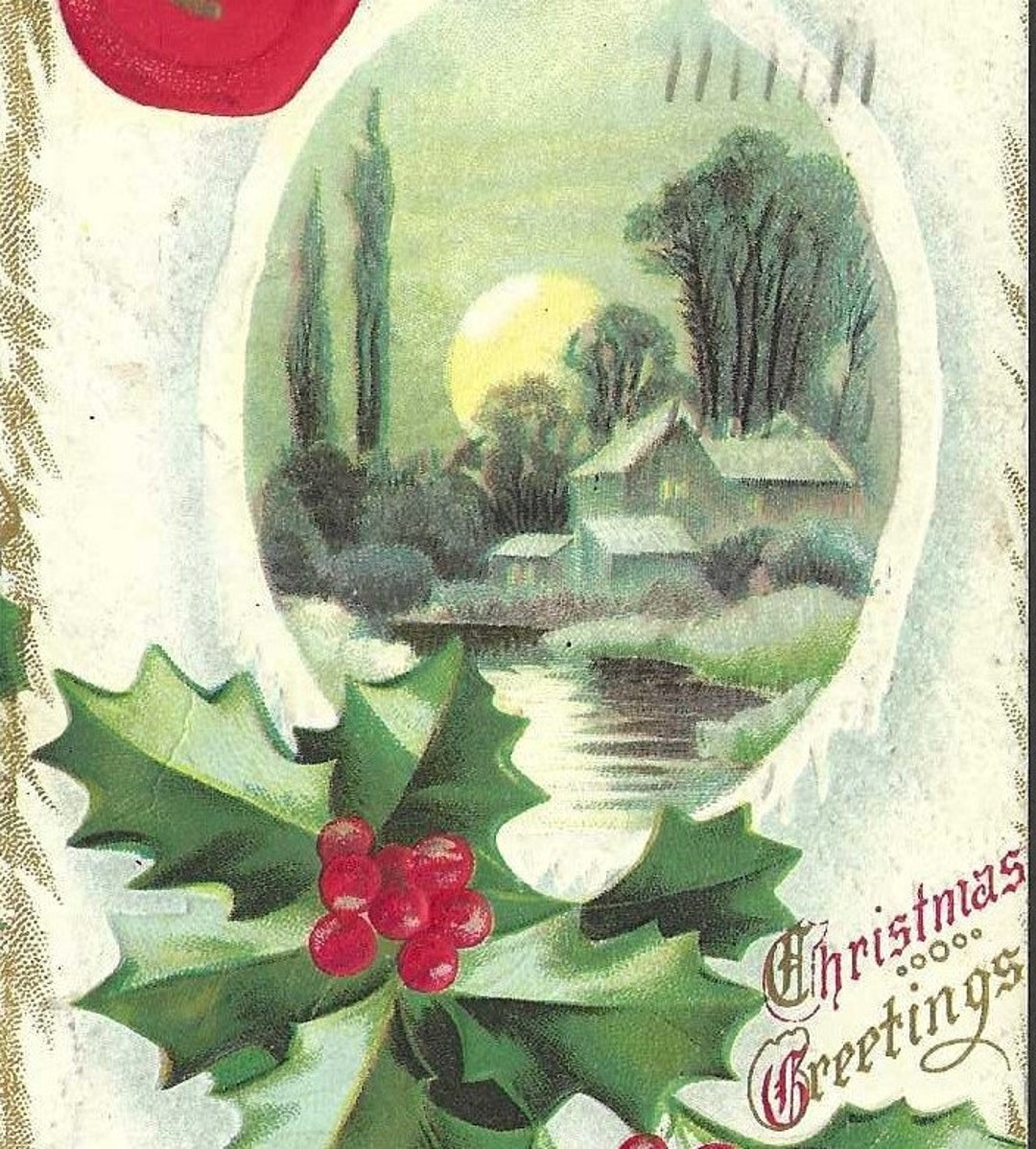 County Home by Lake Under Full Moon Embossed Antique Christmas Postcard Cancelled Dec 25th 1911 ...