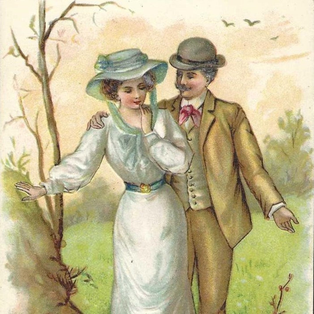 Romantic Couple on Easter Egg Hunt Easter Postcard 1907 With Barred ...