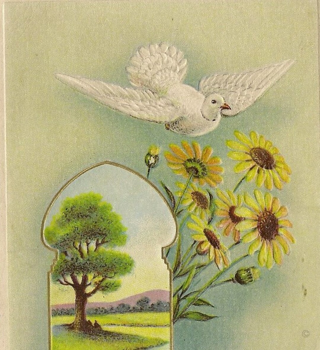 White Dove Easter Flowers and Countryside Scene Embossed Antique Easter ...