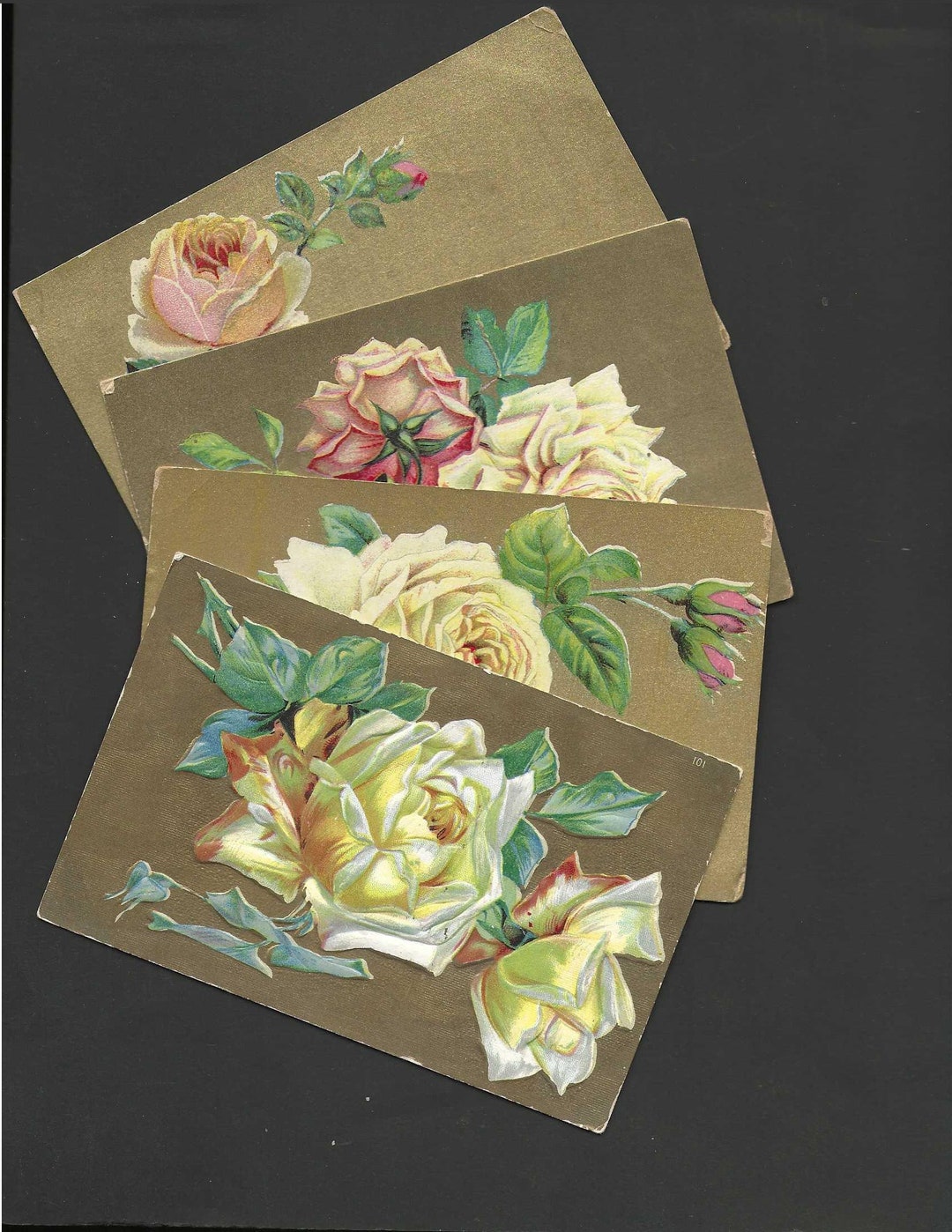 Bouquet of Rose Postcards Yellow and Pink Roses on Gold Background ...