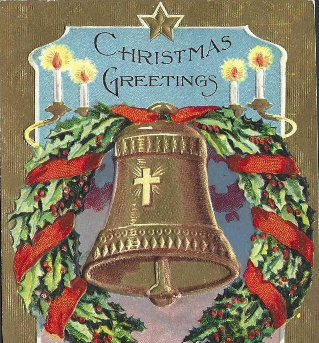 Gold Bell With Cross in Holly Wreath Embossed Antique Christmas ...