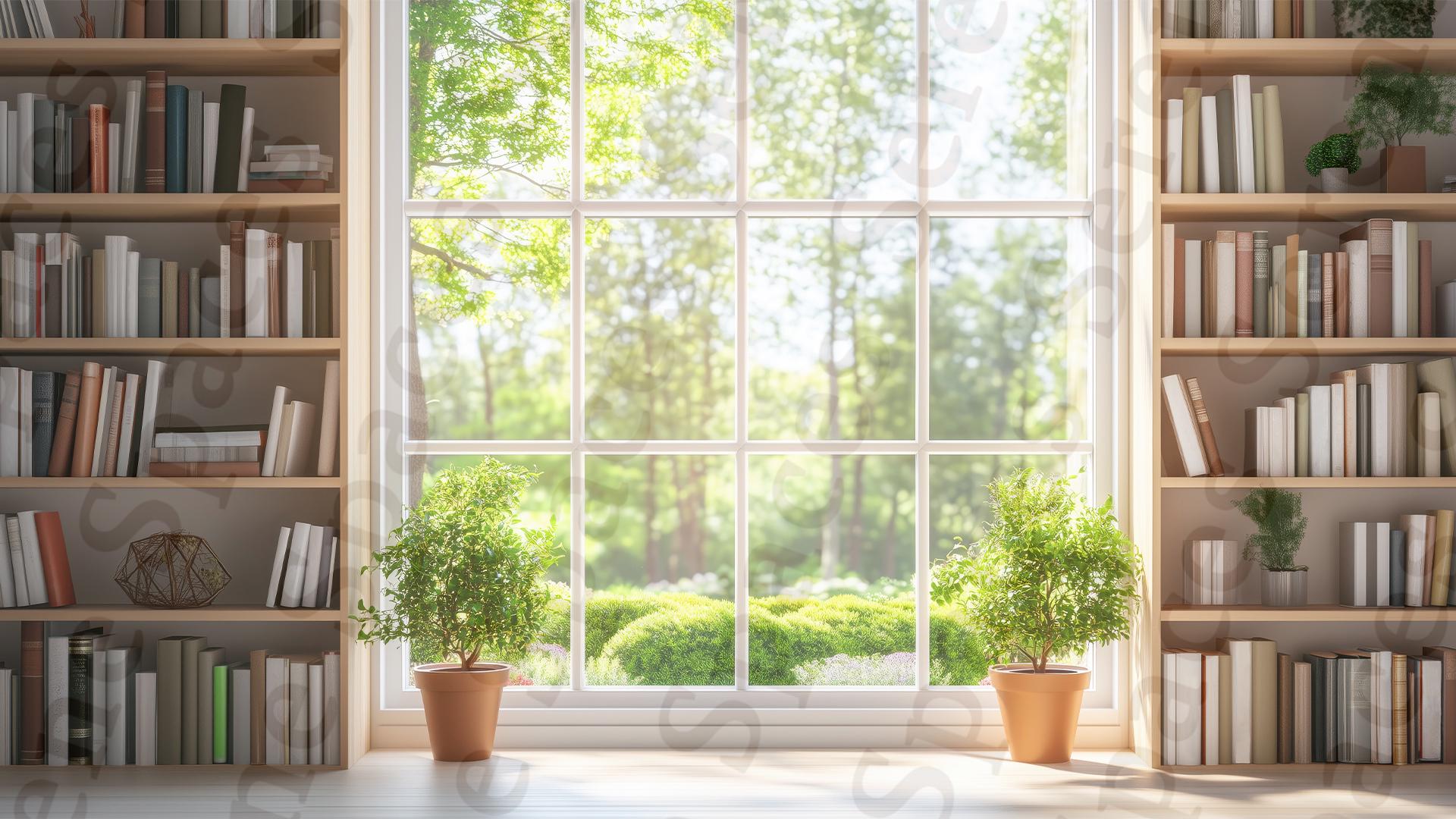 Bright Home Office Zoom Background | Modern Window With Bookshelves ...