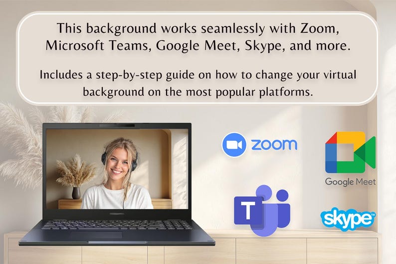 Minimalist Pampas Grass Zoom Background: Neutral Home Office (digital ...