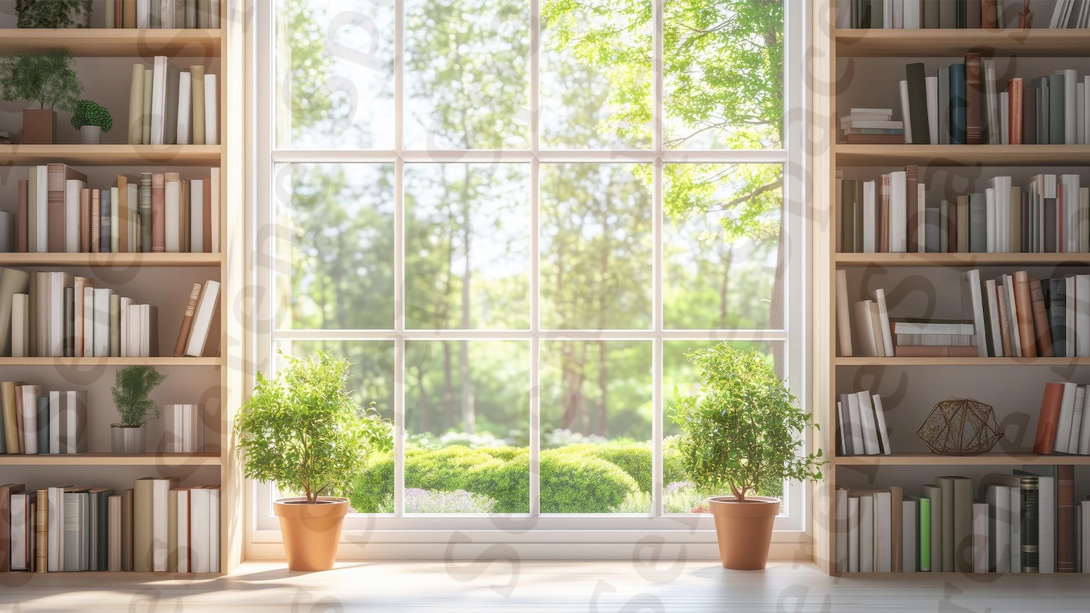 Bright Home Office Zoom Background | Modern Window With Bookshelves ...