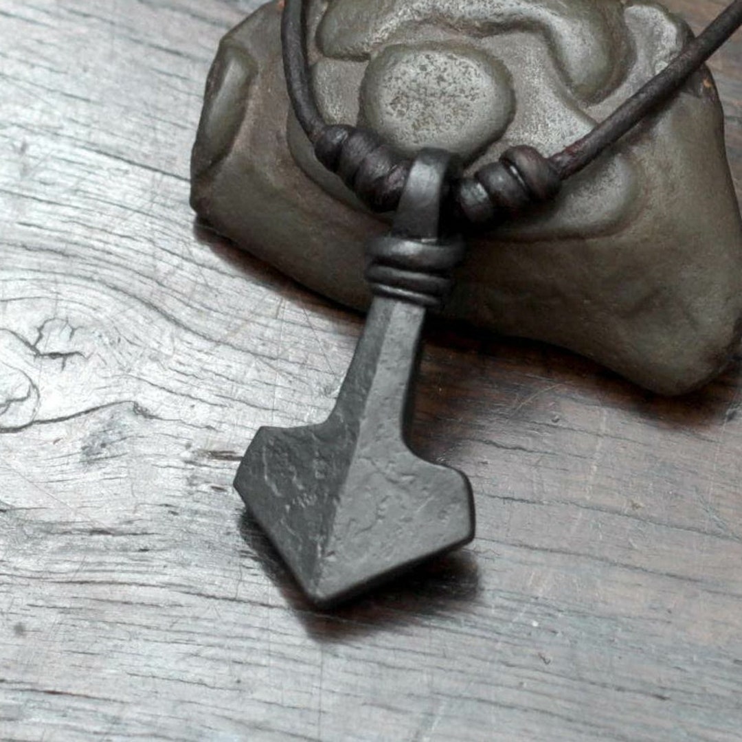Small Modern Design Thor's Hammer Necklace, Artisan Forged Pure Iron ...