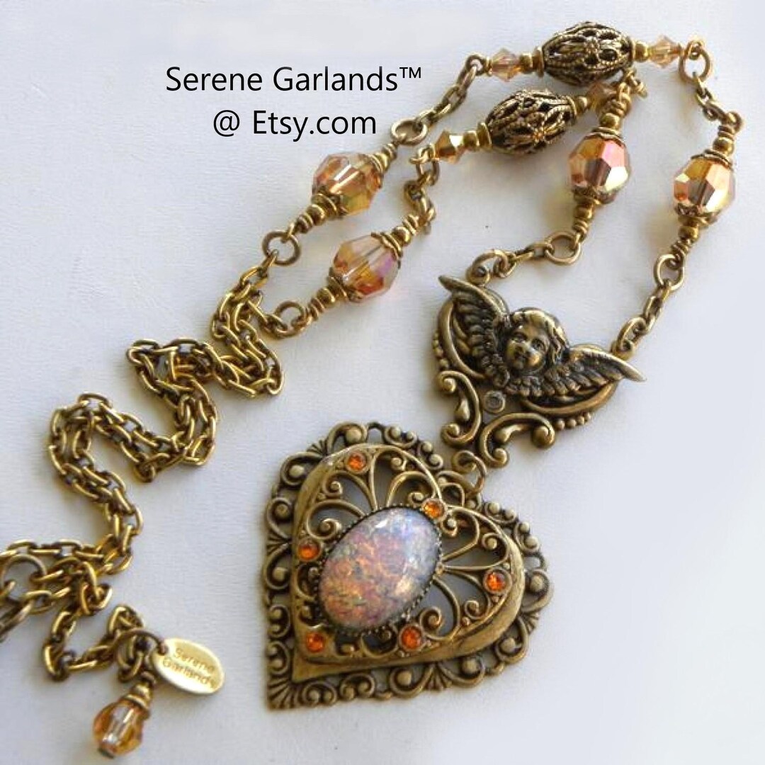 Cherub Angel Heart Necklace: Fire Opal Glass, RARE Copper Swarovski ...