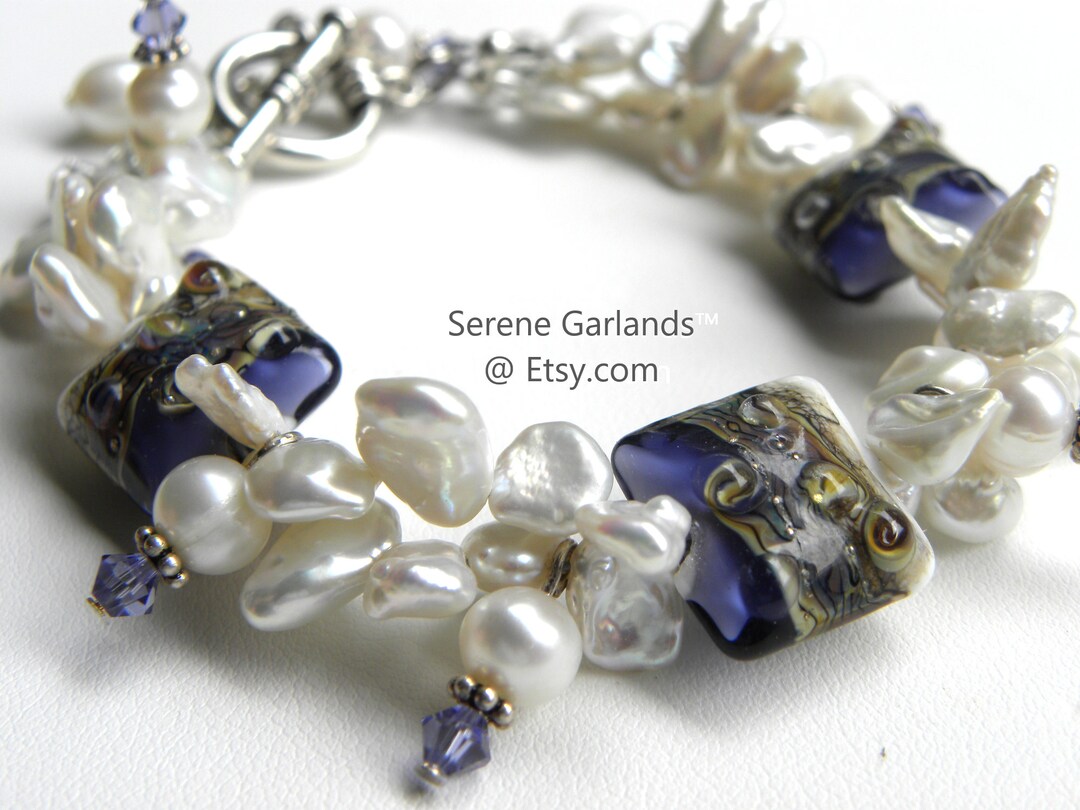 White Pearl Bracelet With Square Tanzanite Purple Lamp Work Glass ...