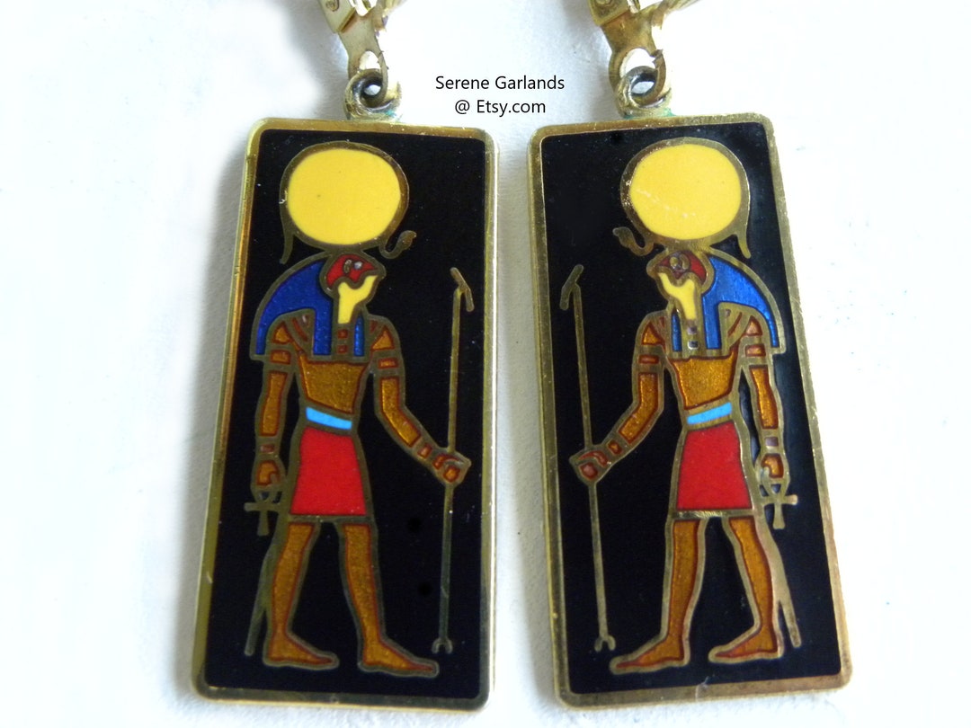 Vintage Egyptian Ra & Ankh Earrings: Sekhmet Hieroglyphics, Cartouche ...