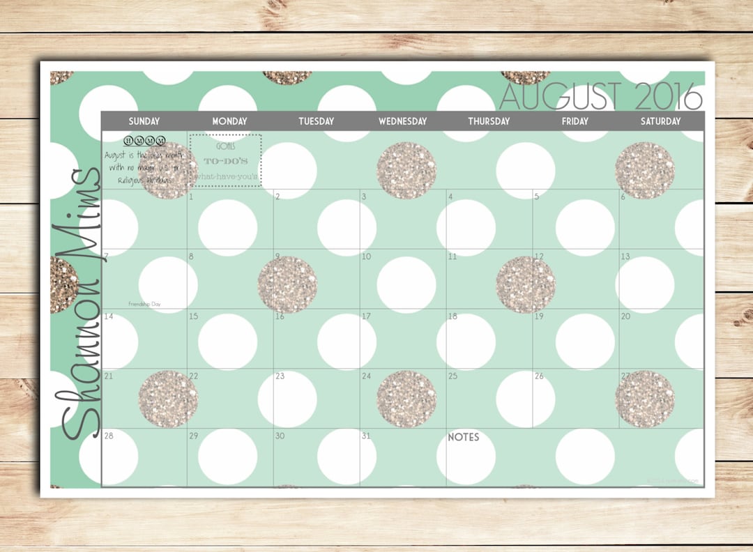 Mint & Gold Polka Dot Custom Desk Calendar - Choose Your Dates - Etsy