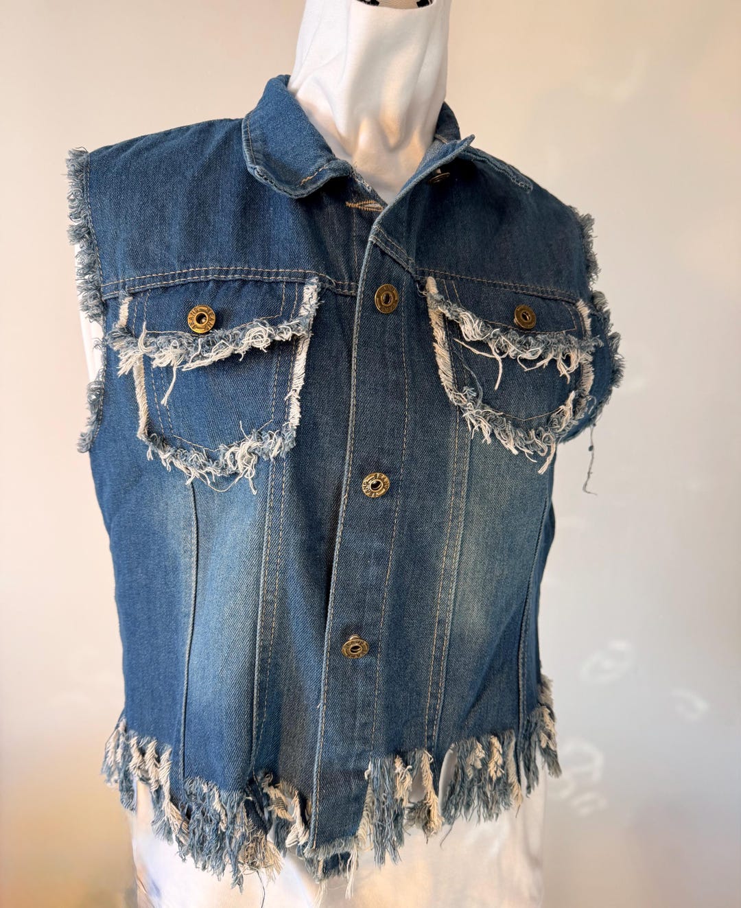 Denim XL Distressed Vest Frayed Hem Cutoff Sleeves Cropped Jean Grunge ...