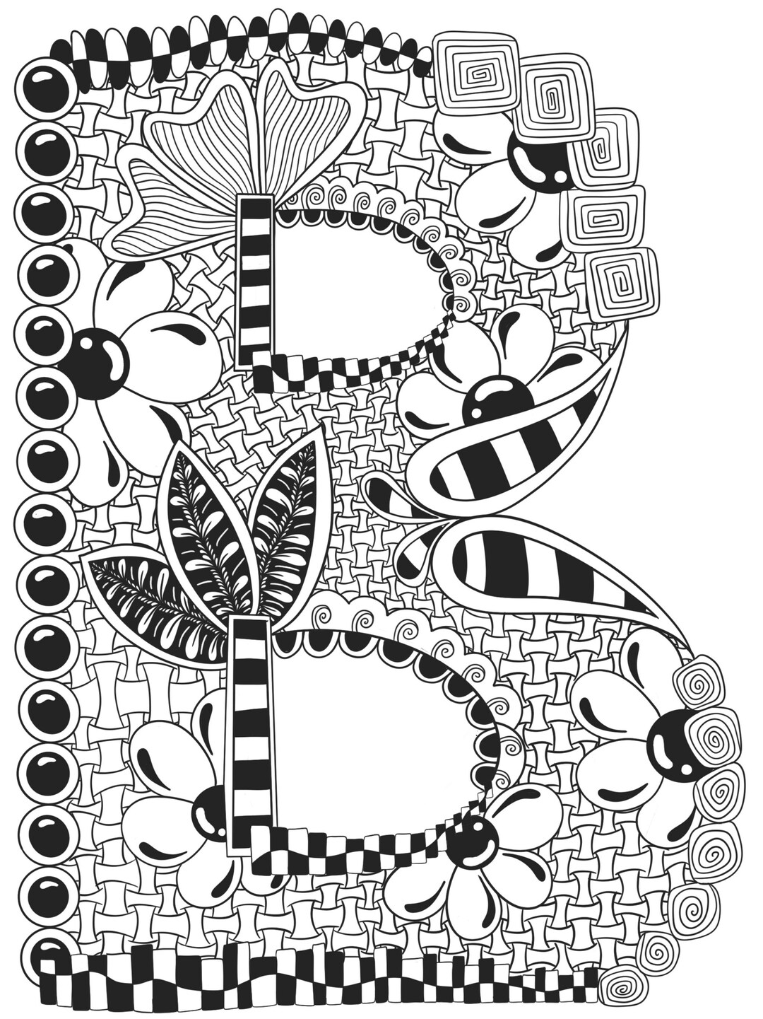 Whimsical Floral Monogram Letter B Coloring Page | Hand-drawn Zentangle ...