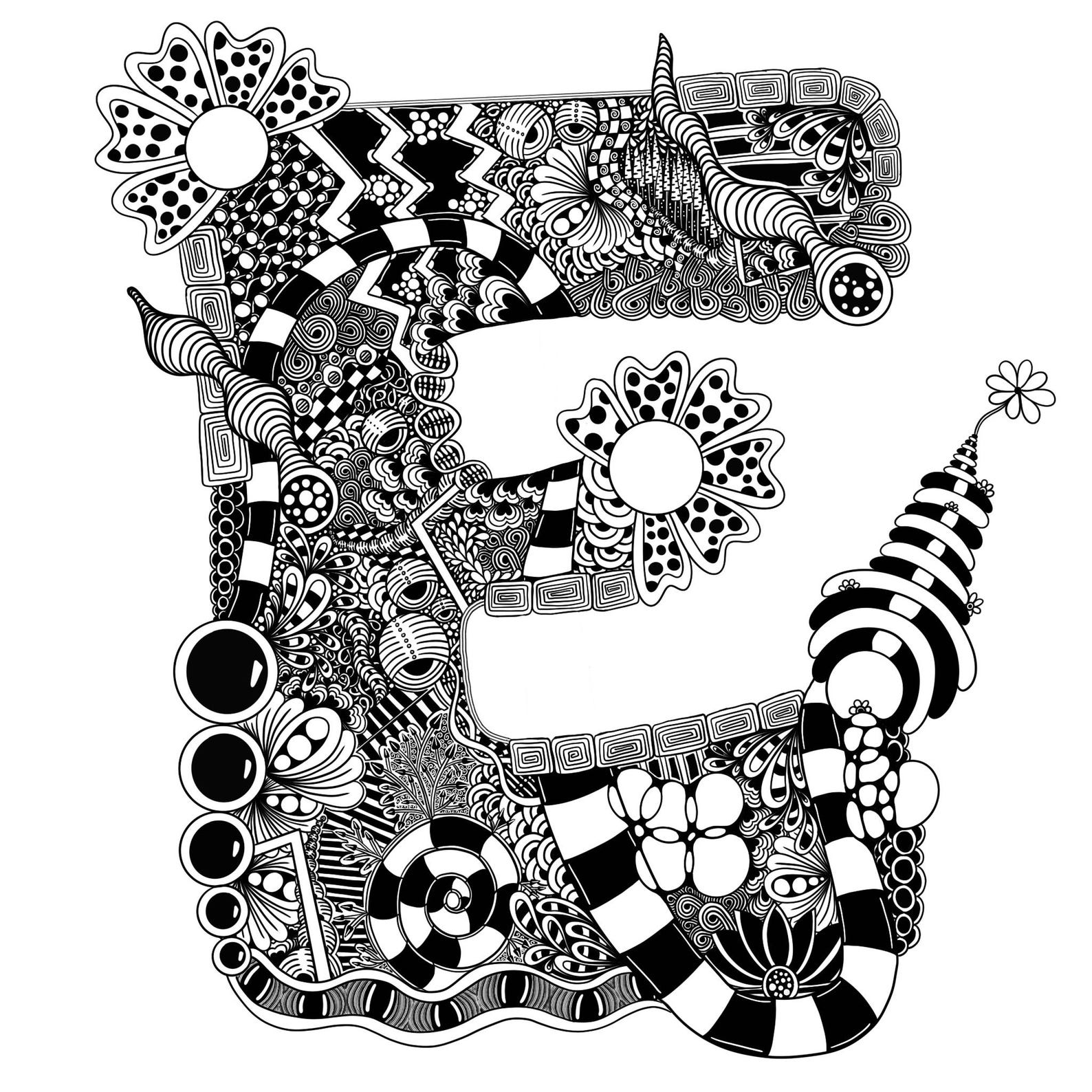 Whimsical Letter E Coloring Page | Hand-drawn Zentangle Monogram Art ...