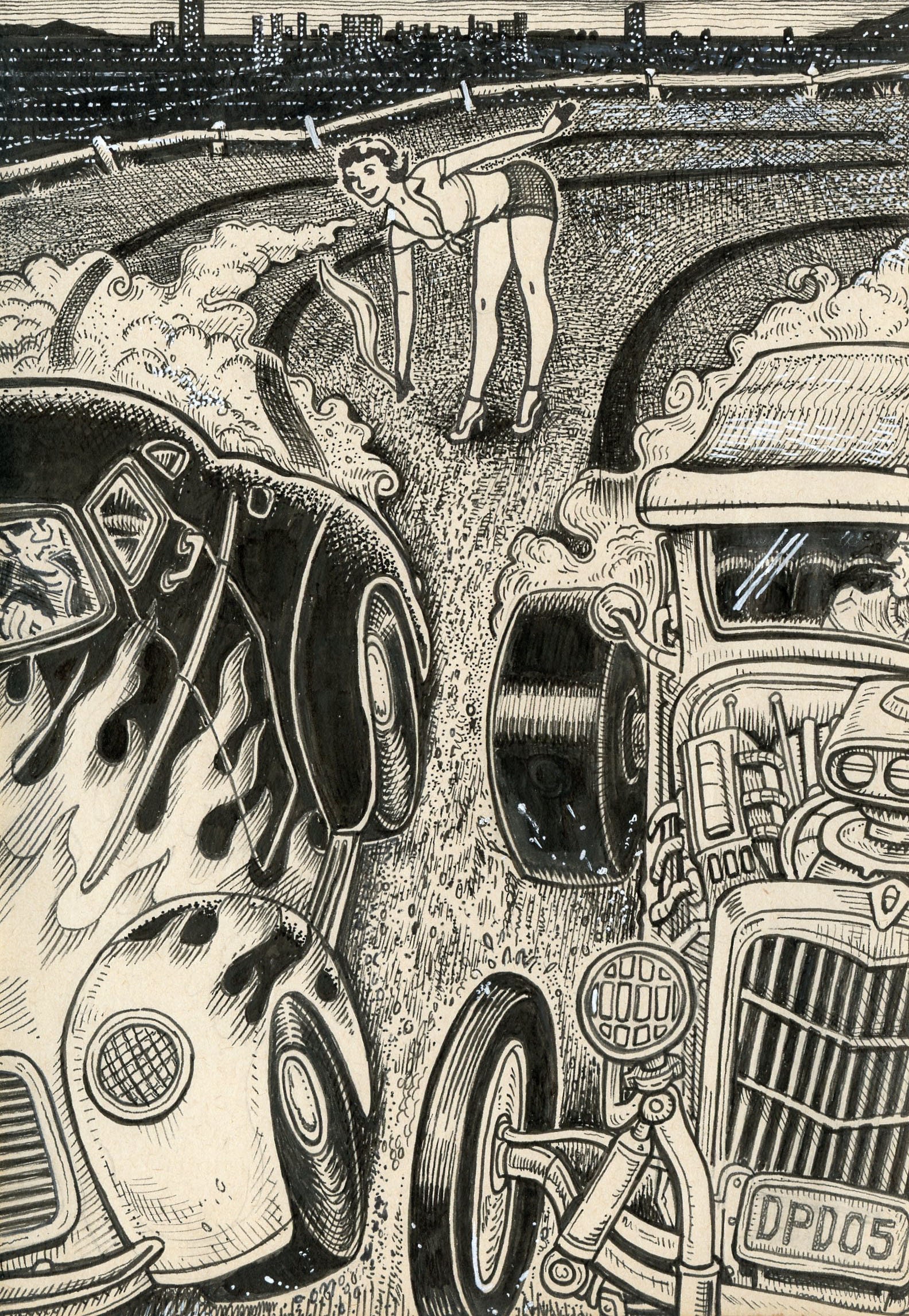 Framed Original Doodle Pad Drawing by David Jablow 'hot Rods' 2015 Ink ...