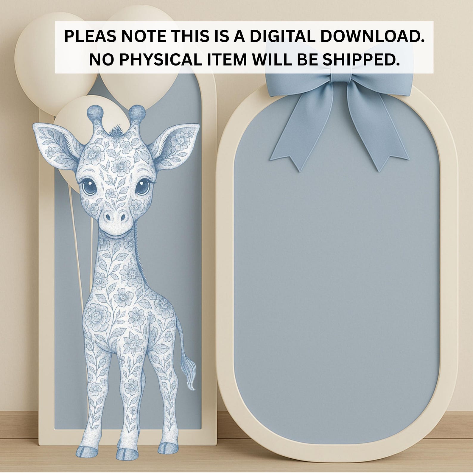 Toile De Jouy Giraffe Printable: Blue Safari Nursery Art (PNG Digital ...