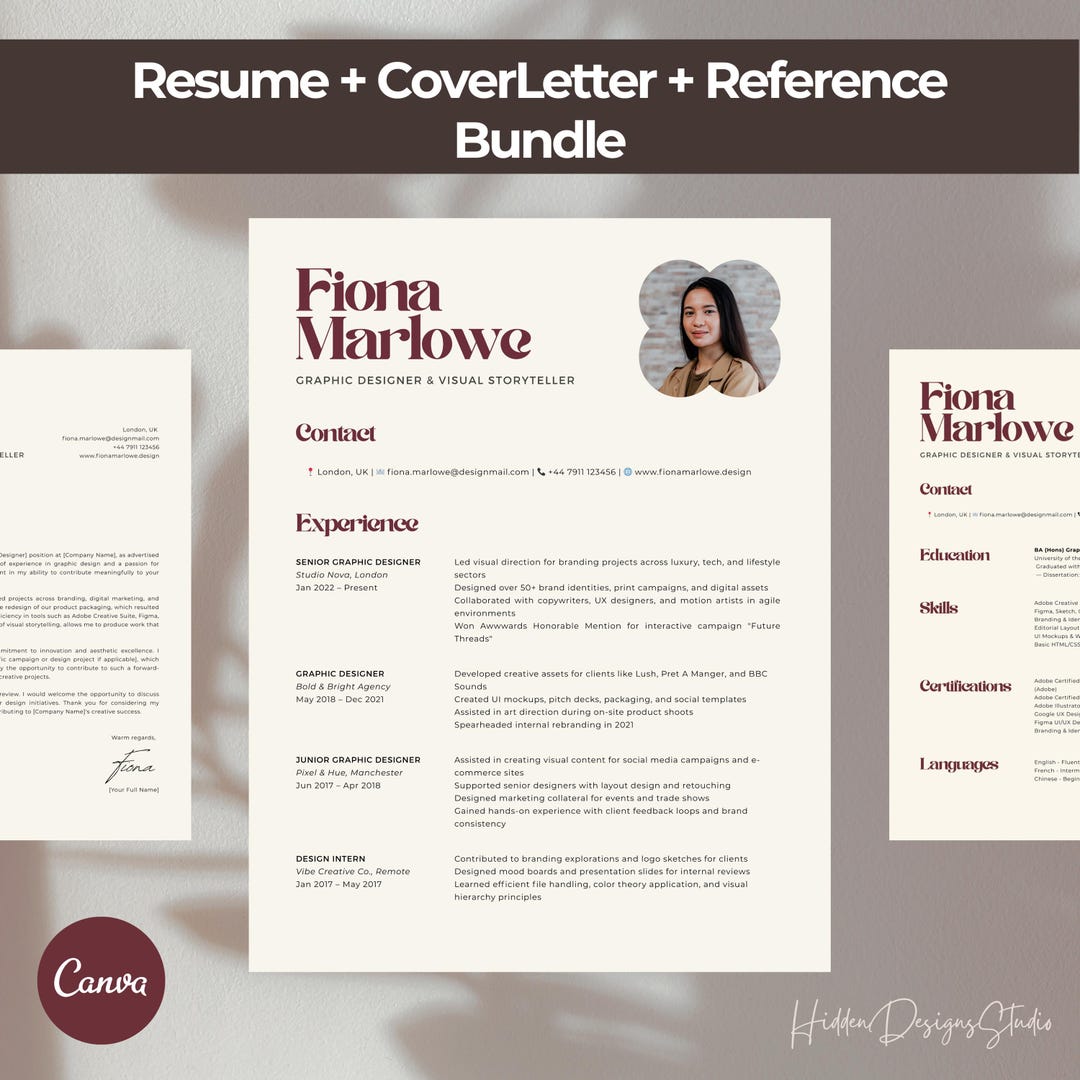 Modern Cv/resume + Matching Cover Letter + Reference Page Bundle ...