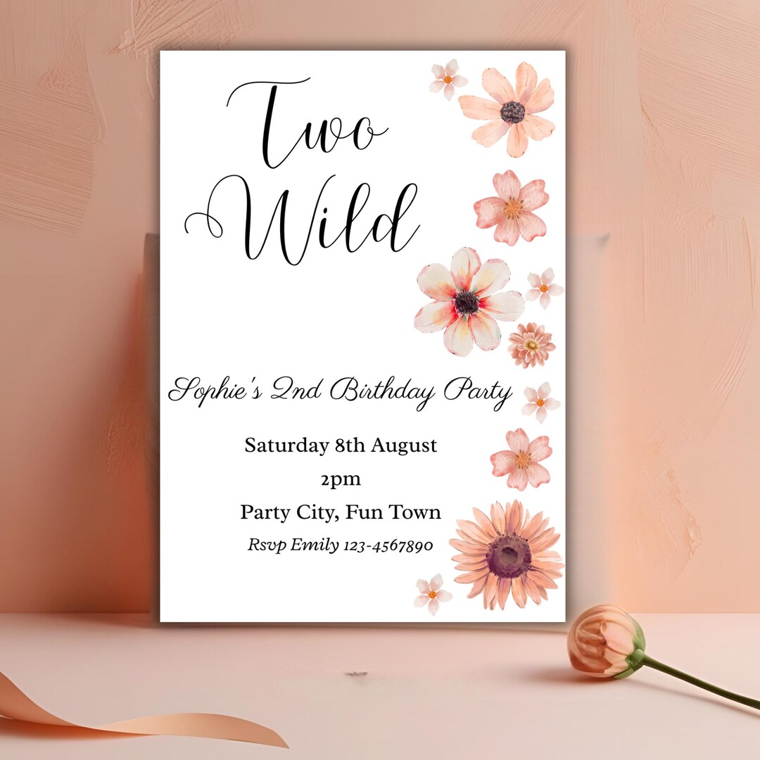 Two Wild Floral 2nd Birthday Invitation, Girls Wildflower Birthday ...