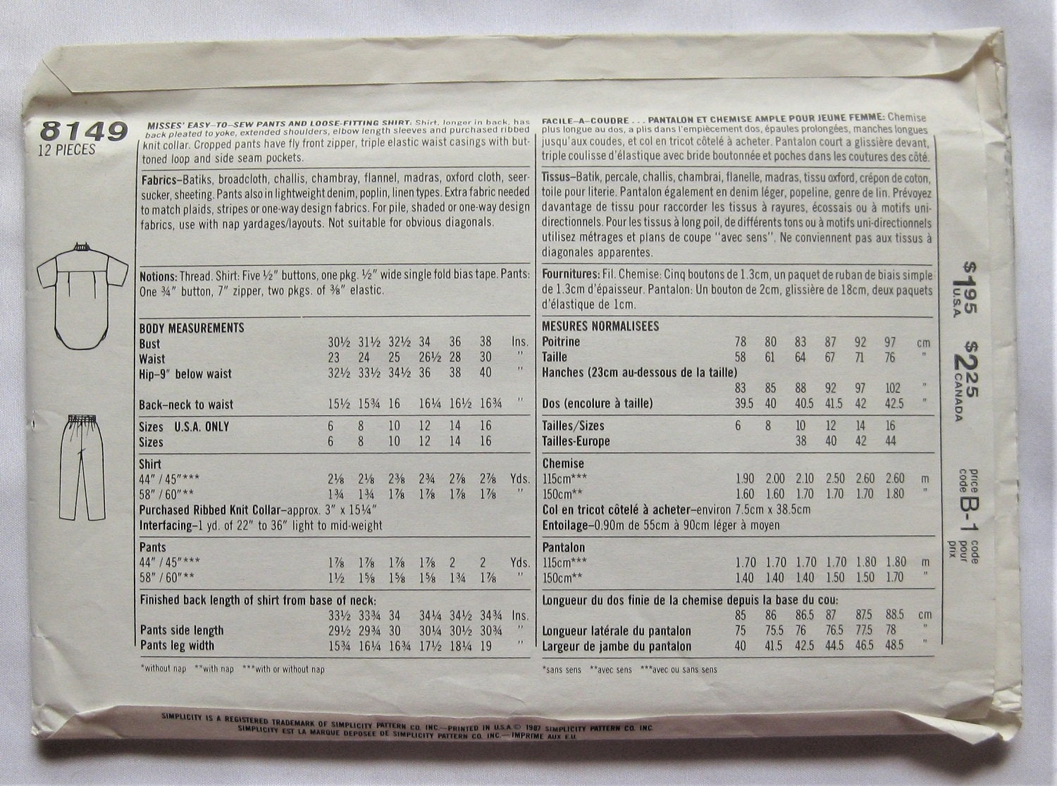 Simplicity Pattern 8149 Supersaver Misses' Pants and Shirt Size 6-12 - Etsy