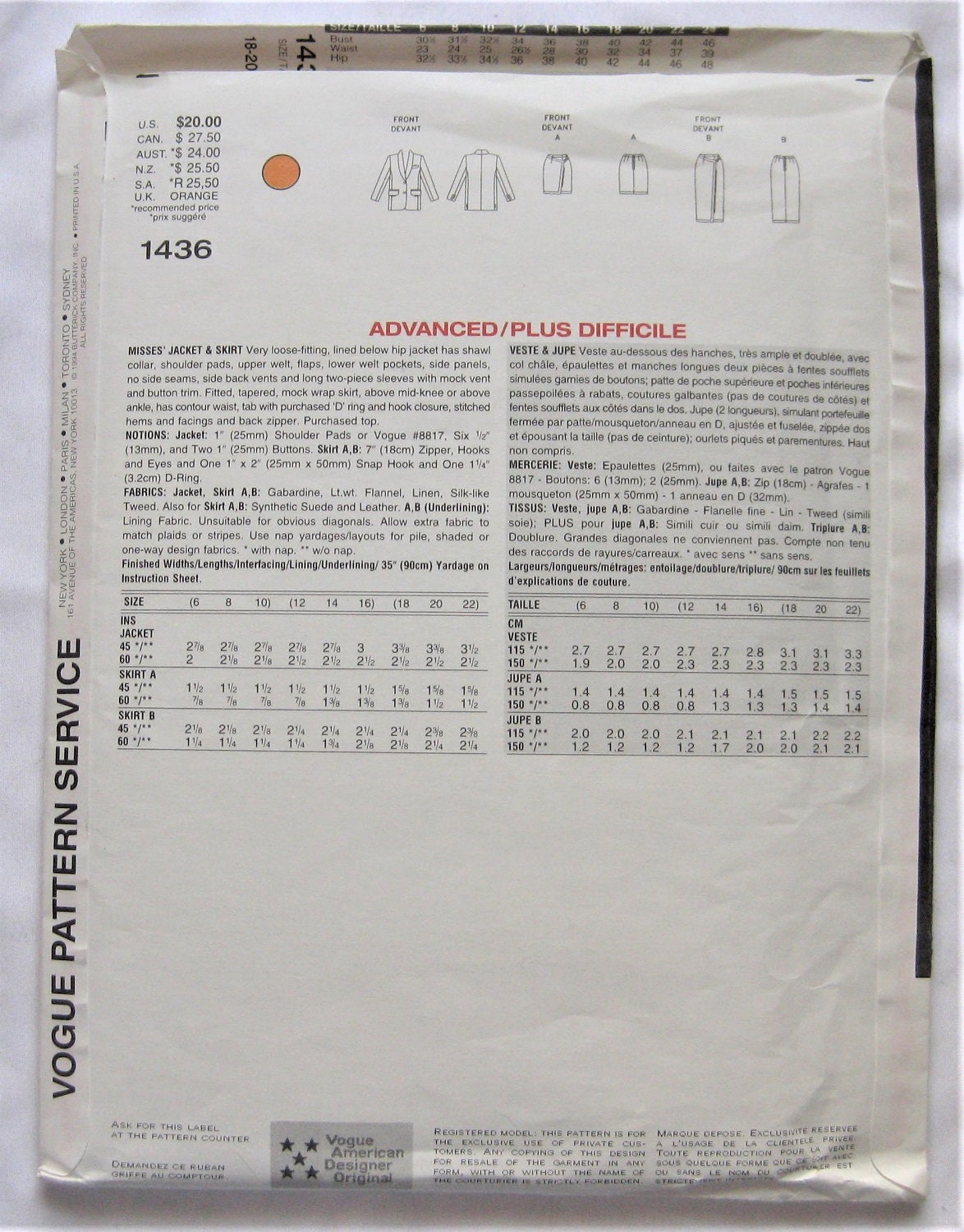 Vogue Pattern 1436 Anne Klein II Misses' Jacket and Skirt Sizes 18-20 ...
