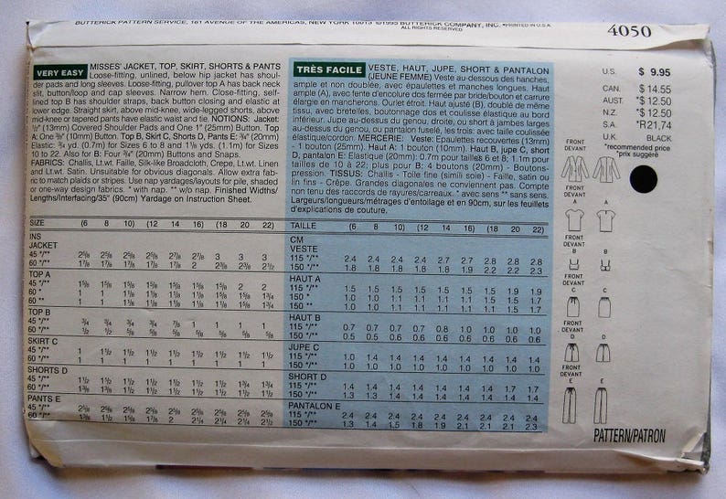 Butterick Pattern 4050 Fast & Easy Misses' Jacket, Top, Skirt, Shorts ...