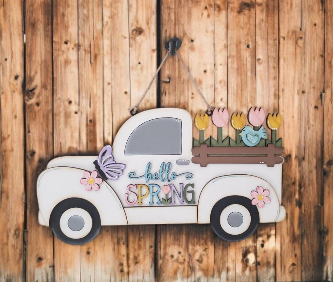 Hello Spring Farmhouse Truck 12" Door Hanger, Spring Decoration, Spring ...
