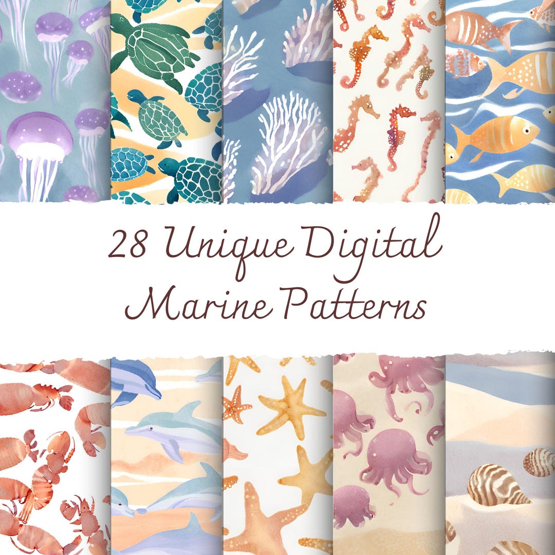 Ocean-sea Life Digital Patterns, 28 Marine Themed Digital Illustrations ...