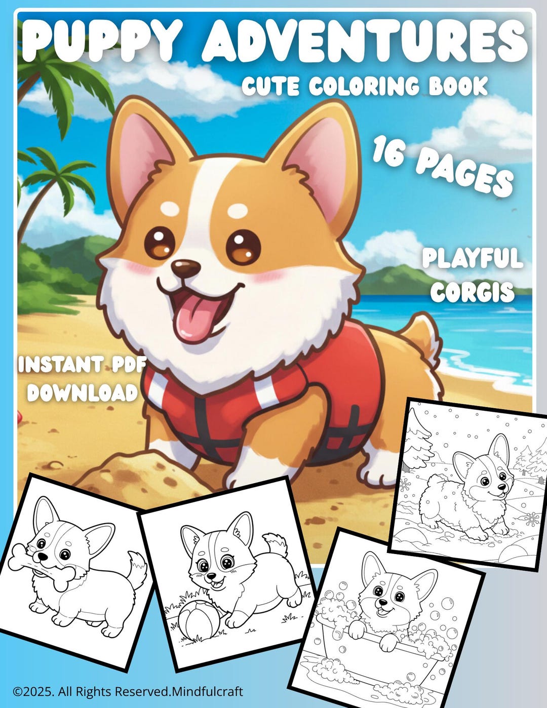 Cute Corgi Coloring Book Downloadable 16 Pages - Etsy
