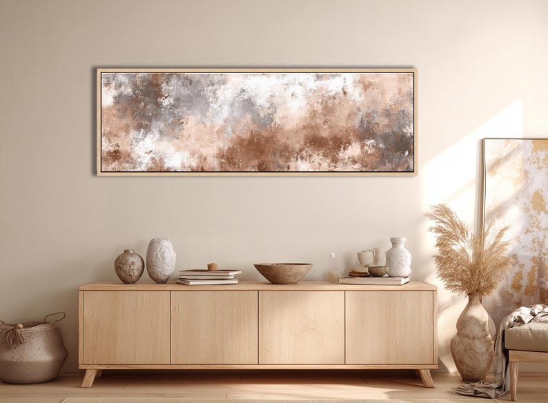 Panoramic Neutral Abstract Wall Art, Modern Textured Earth Tone Canvas ...