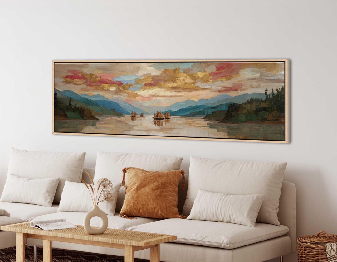 Sunset Lake Landscape Wall Art, Long Horizontal Mountain Seascape ...
