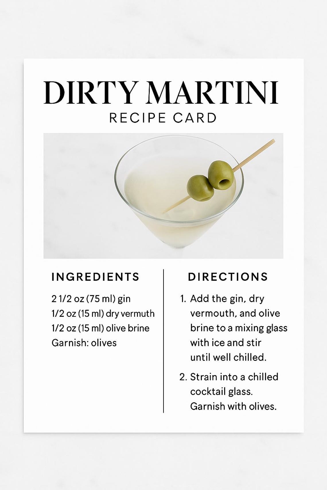 Dirty Martini Recipe Card – Printable Bar Decor or Cocktail Gift - Etsy
