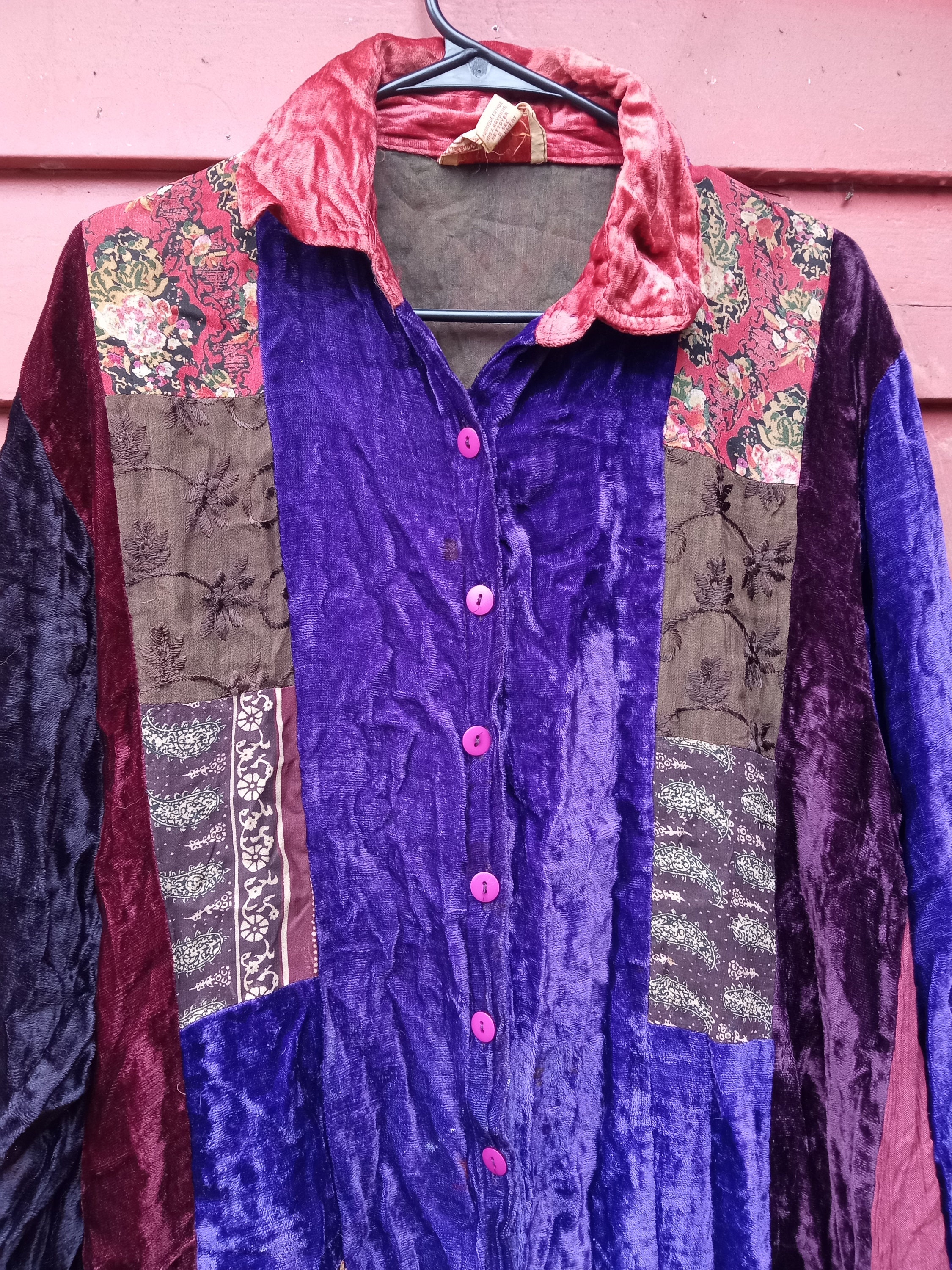 90s Indian Rayon Velvet Floral Patchwork Duster Button up L/XL - Etsy