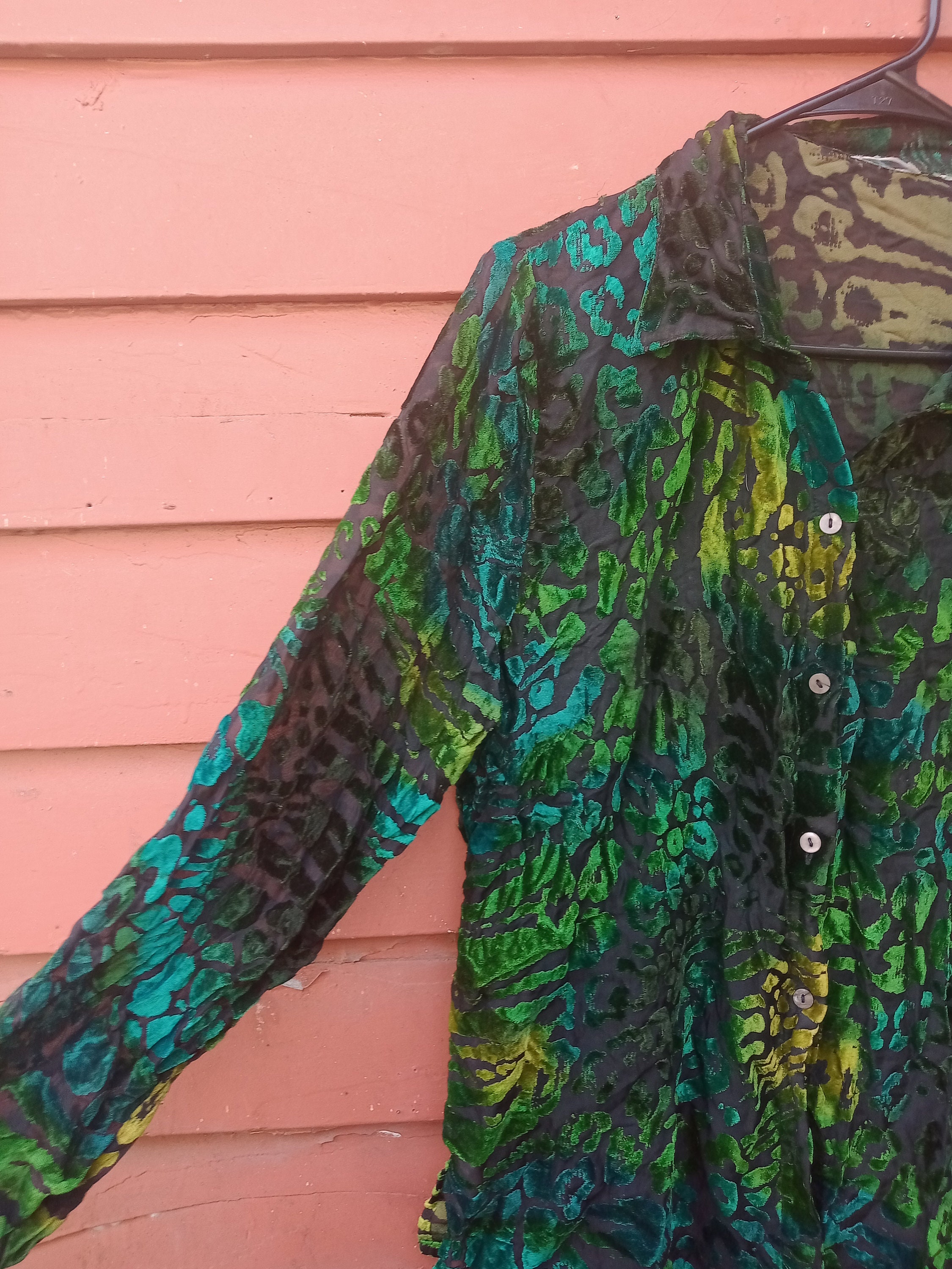 90s/00s Green Cheeta Velvet Burnout Button up Blouse Women's M - Etsy