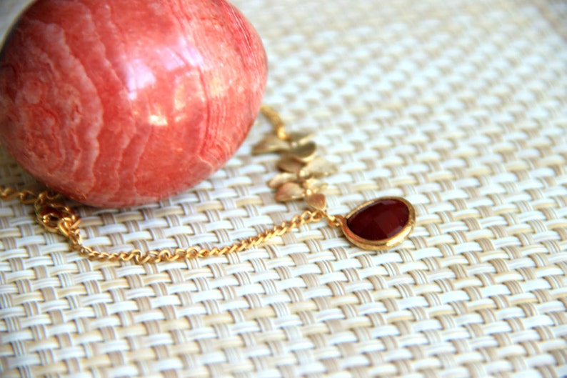 Bracelet: Gold Plated Frame, Faceted Ruby Glass Pendant Tripple Gold ...