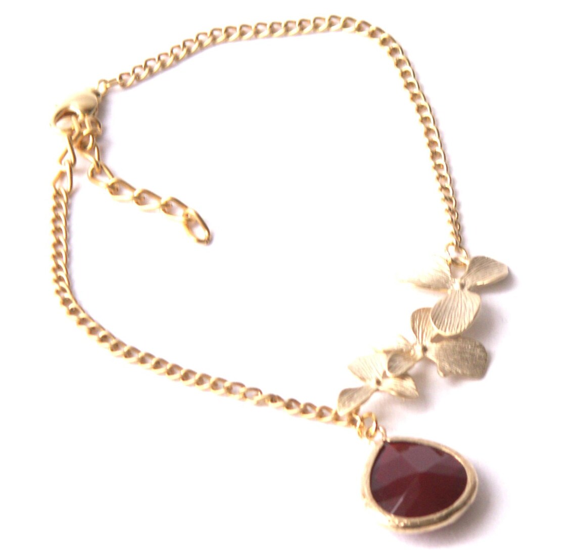 Bracelet: Gold Plated Frame, Faceted Ruby Glass Pendant Tripple Gold ...