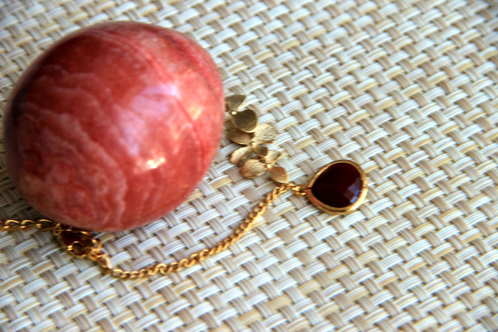 Bracelet: Gold Plated Frame, Faceted Ruby Glass Pendant Tripple Gold ...